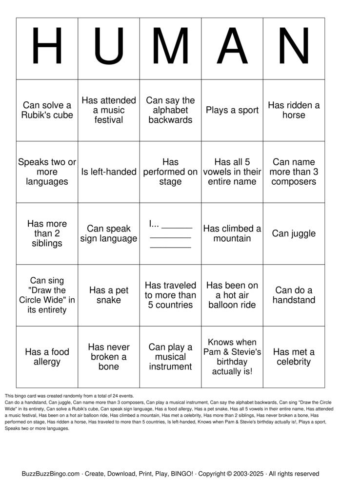 Human Bingo Cards to Download, Print and Customize!