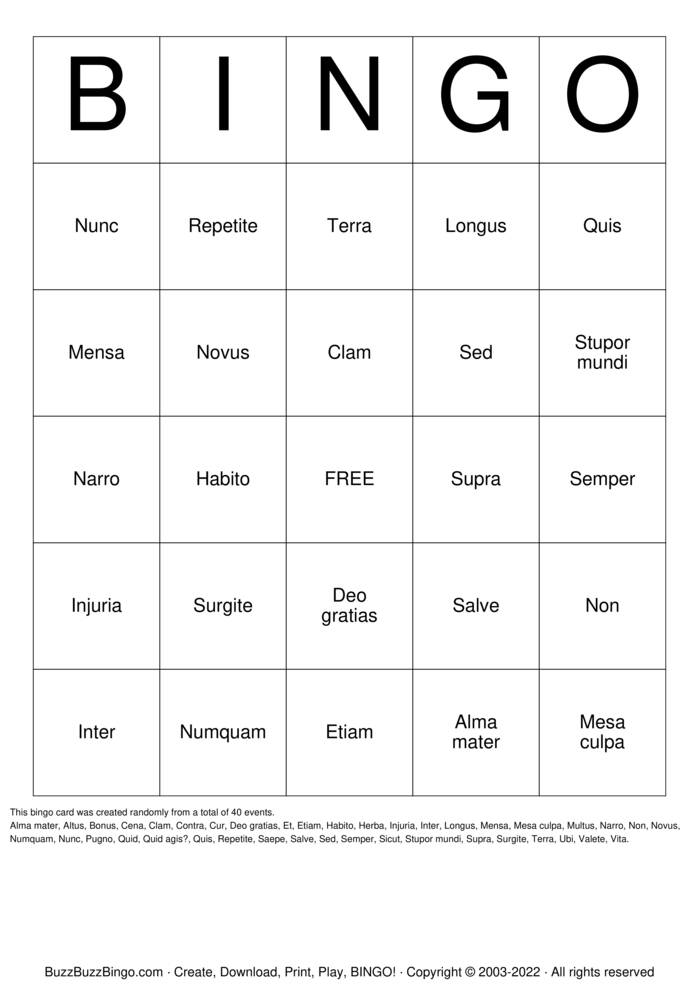Latin Bingo Cards to Download, Print and Customize!