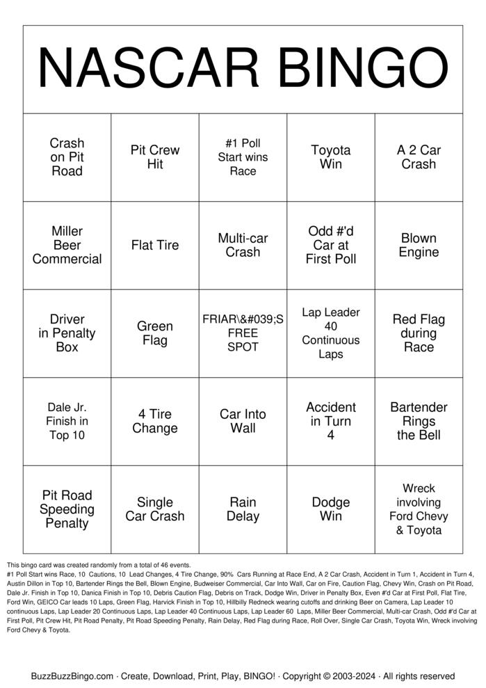NASCAR Bingo Cards to Download, Print and Customize!