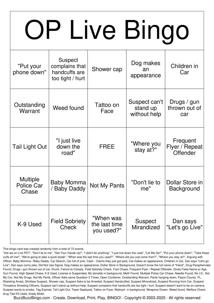 OP LIVE PD Bingo Cards to Download, Print and Customize!