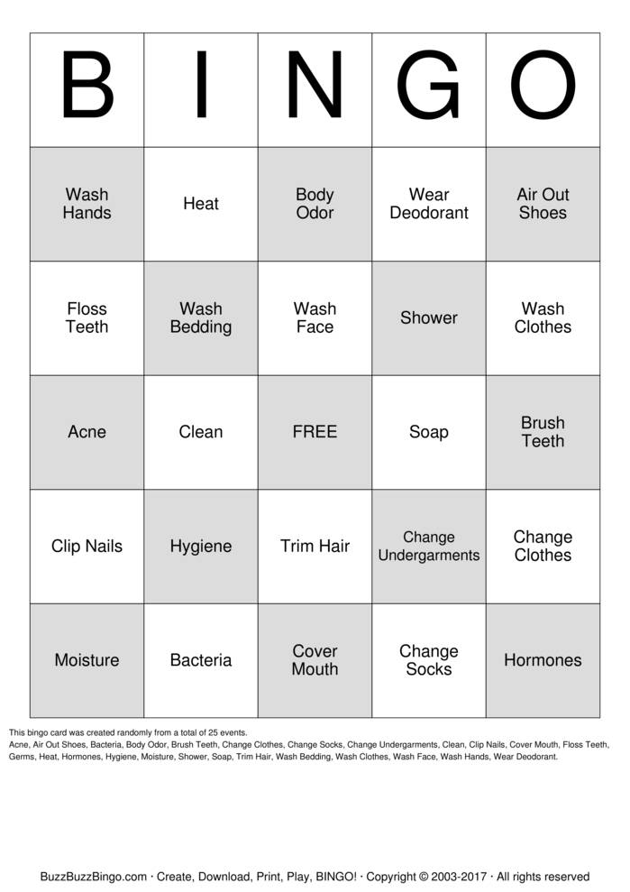 Personal Hygiene Bingo Cards to Download, Print and Customize!