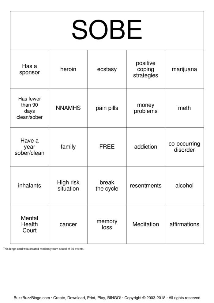 SOBER Bingo Cards to Download, Print and Customize!