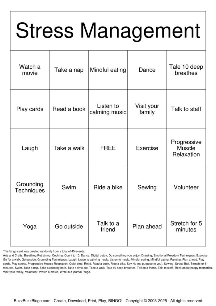 Stress Management Bingo Cards to Download, Print and Customize!