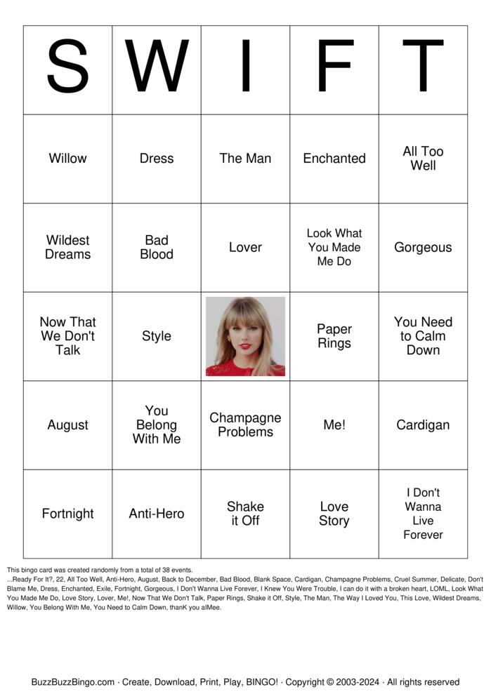 Taylor Swift Songs Bingo Cards to Download, Print and Customize!