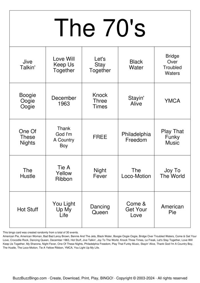 The 70's Bingo Cards to Download, Print and Customize!
