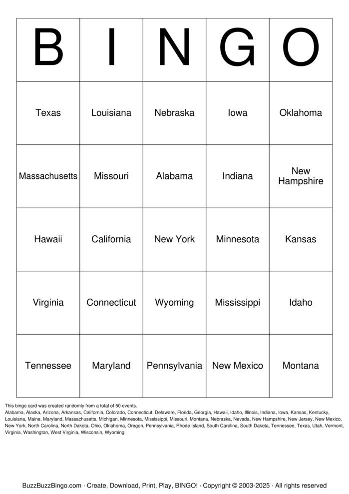 US States Bingo Cards to Download, Print and Customize!