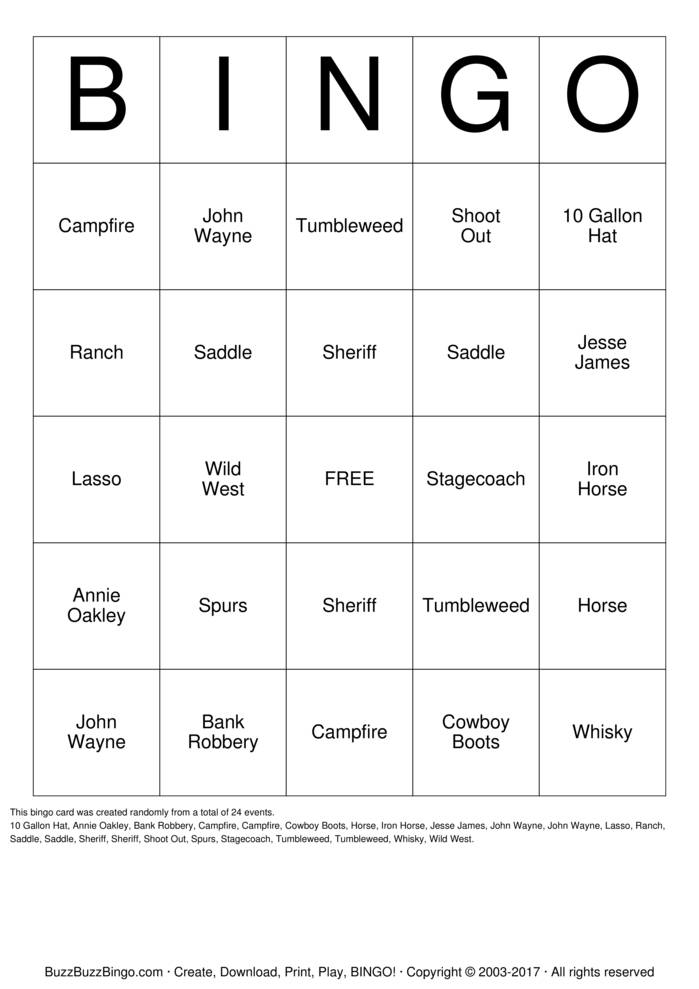 Western Bingo Bingo Cards to Download, Print and Customize!