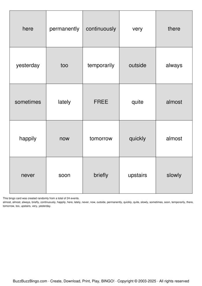 adverb Bingo Cards to Download, Print and Customize!