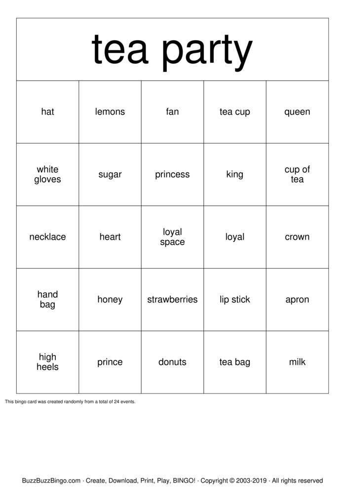tea party bingo Bingo Cards to Download, Print and Customize!