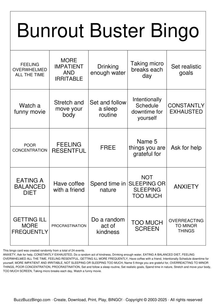 BURNOUT BUSTER Bingo Cards to Download, Print and Customize!