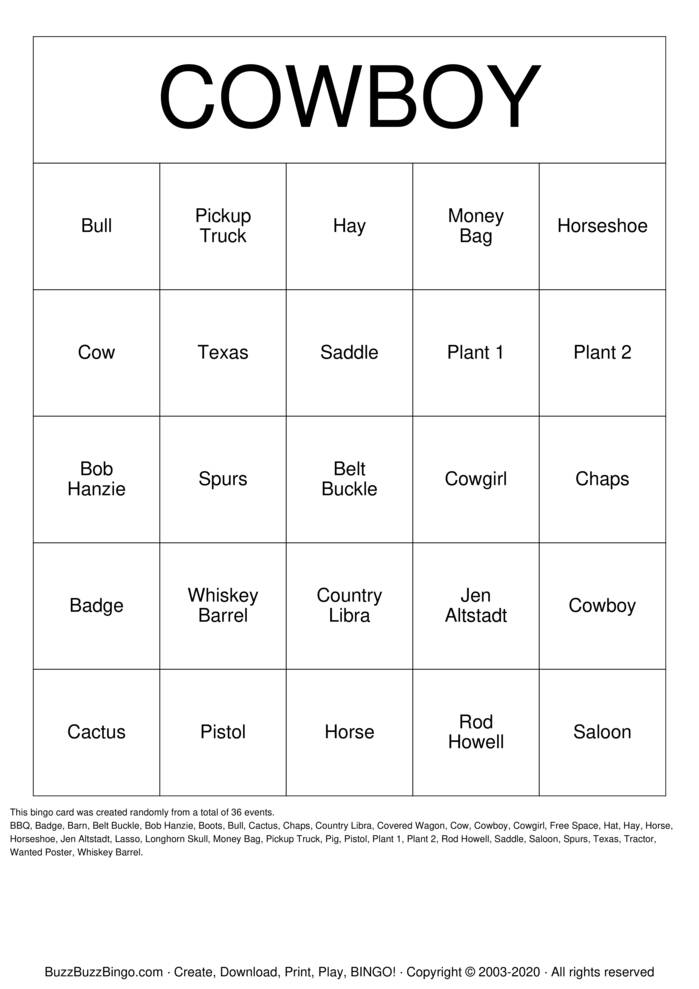 COWBOY Bingo Cards to Download, Print and Customize!
