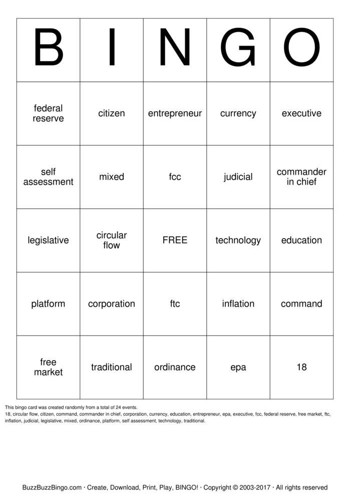 Civics and Government Bingo Cards to Download, Print and Customize!