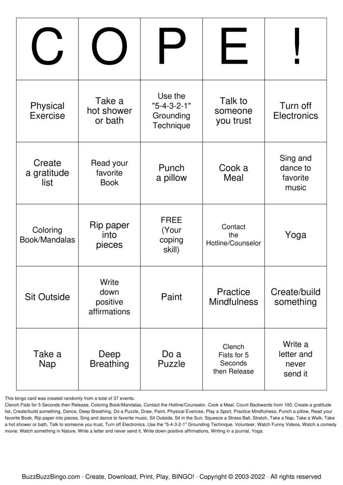 Coping Skills Bingo Cards to Download, Print and Customize!