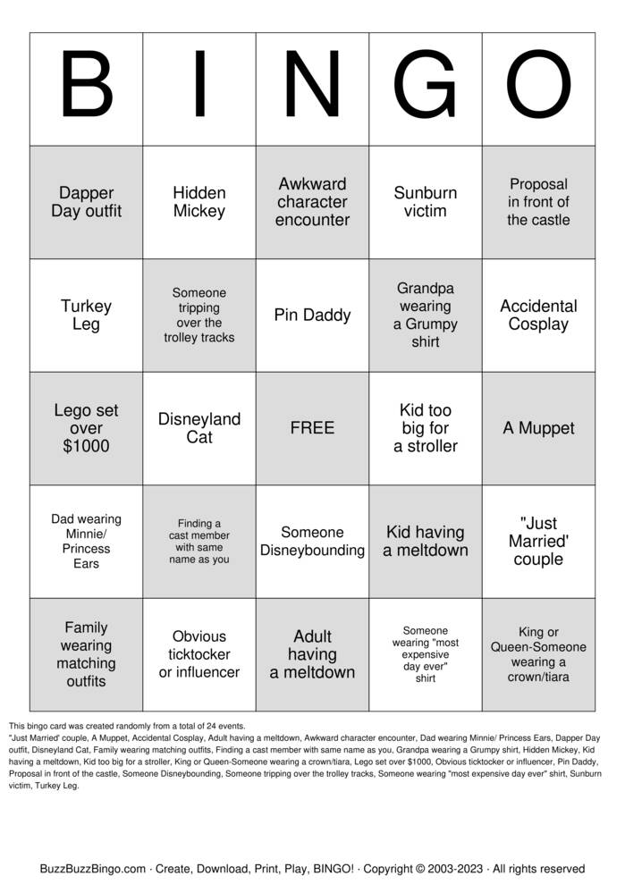 Disneyland Bingo Bingo Cards to Download, Print and Customize!
