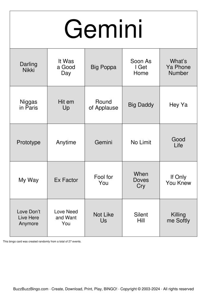 Gemini Bingo Cards to Download, Print and Customize!