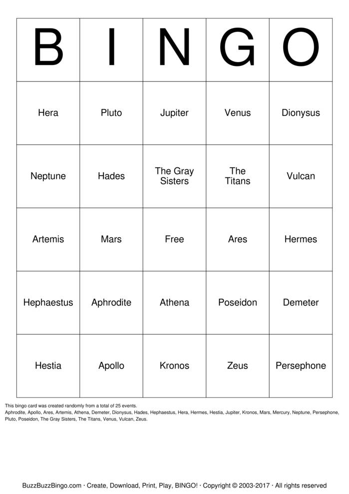 Greek Mythology Bingo Cards to Download, Print and Customize!