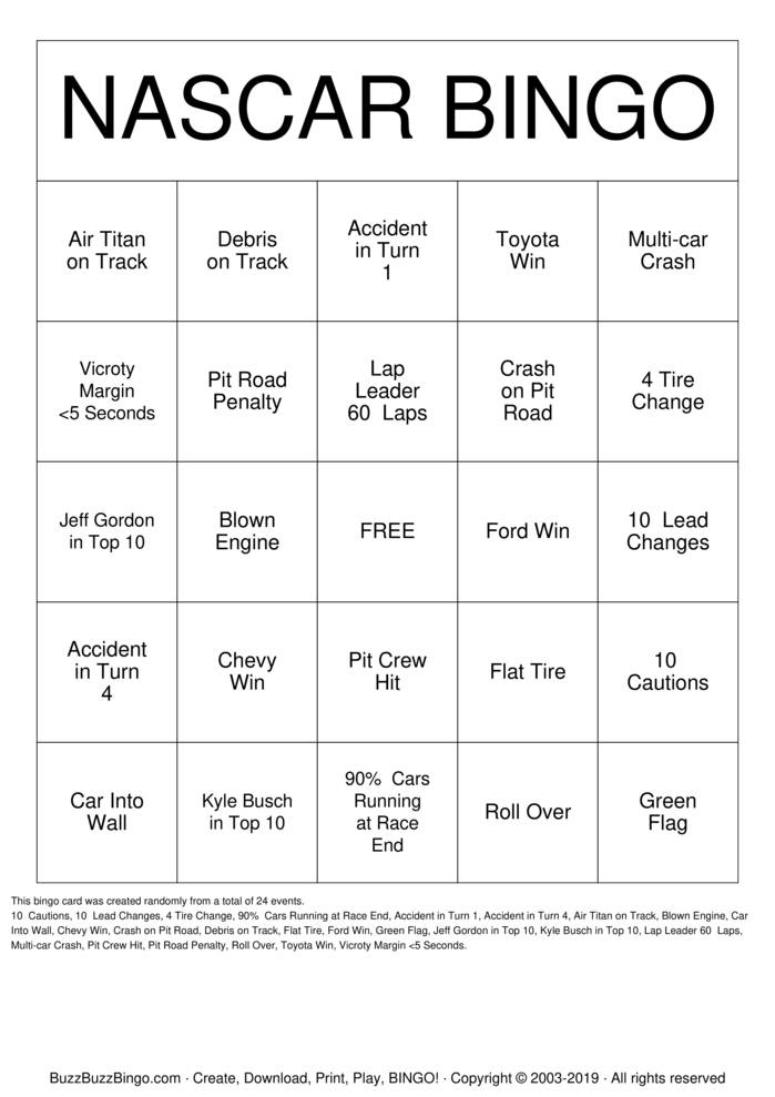 NASCAR Bingo Cards to Download, Print and Customize!
