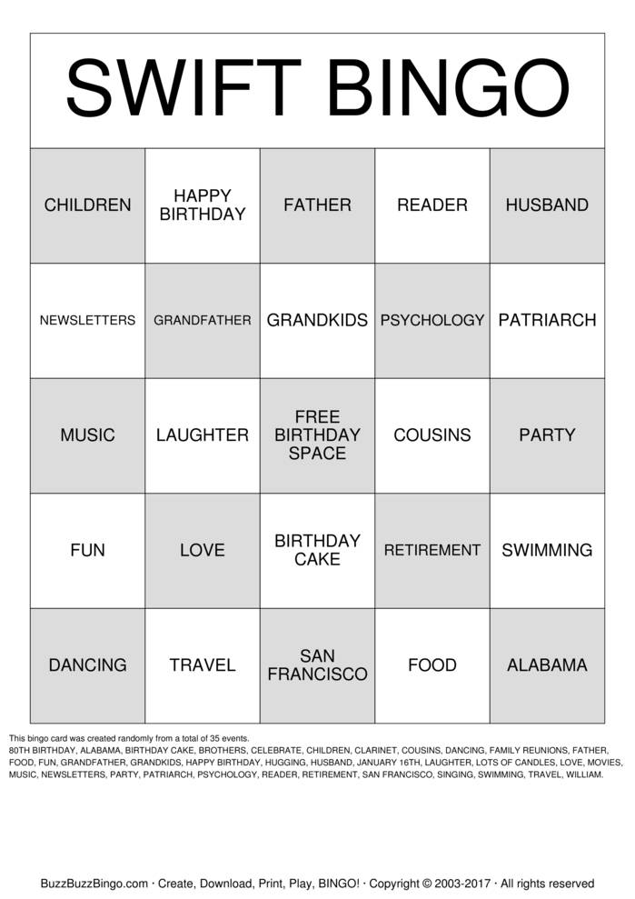 SWIFT Bingo Cards to Download, Print and Customize!