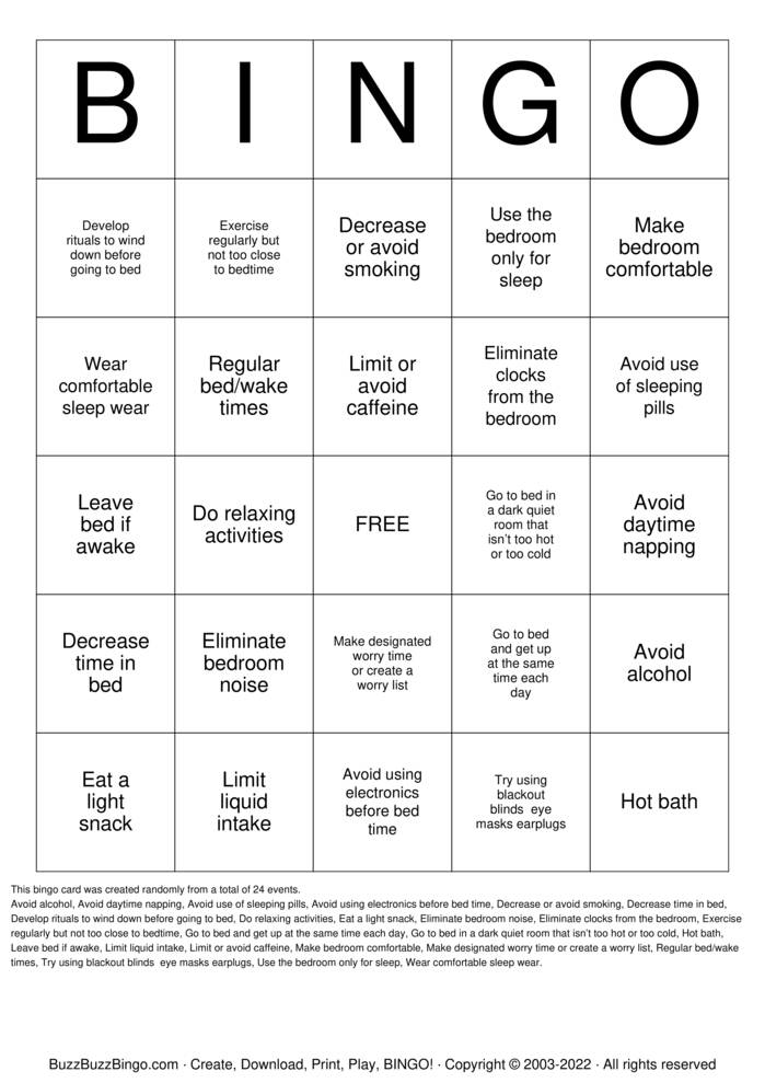 Sleep Hygiene BINGO Bingo Cards to Download, Print and Customize!