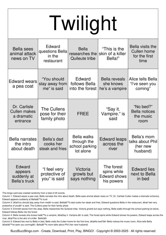 TWILIGHT BINGO Bingo Cards to Download, Print and Customize!