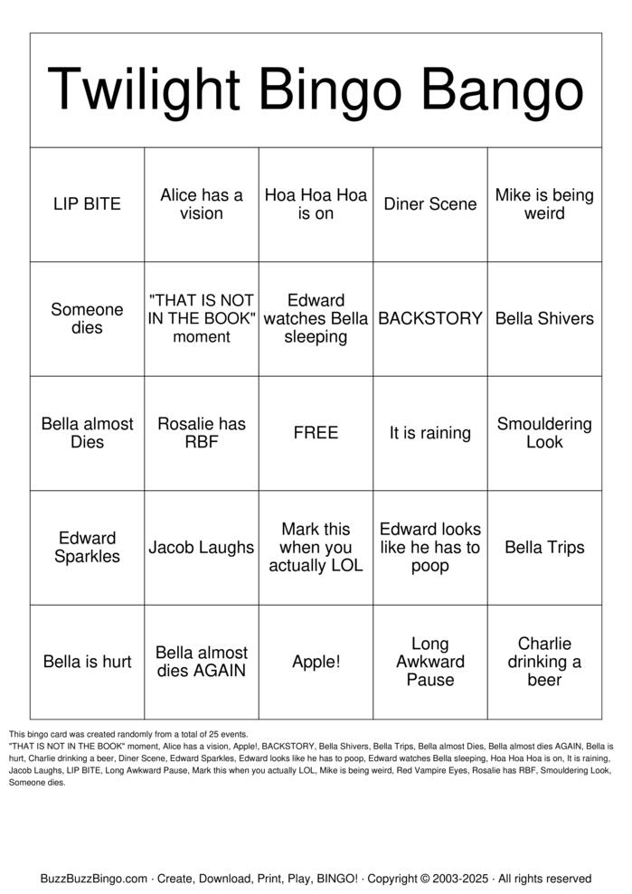 TWILIGHT BINGO Bingo Cards to Download, Print and Customize!