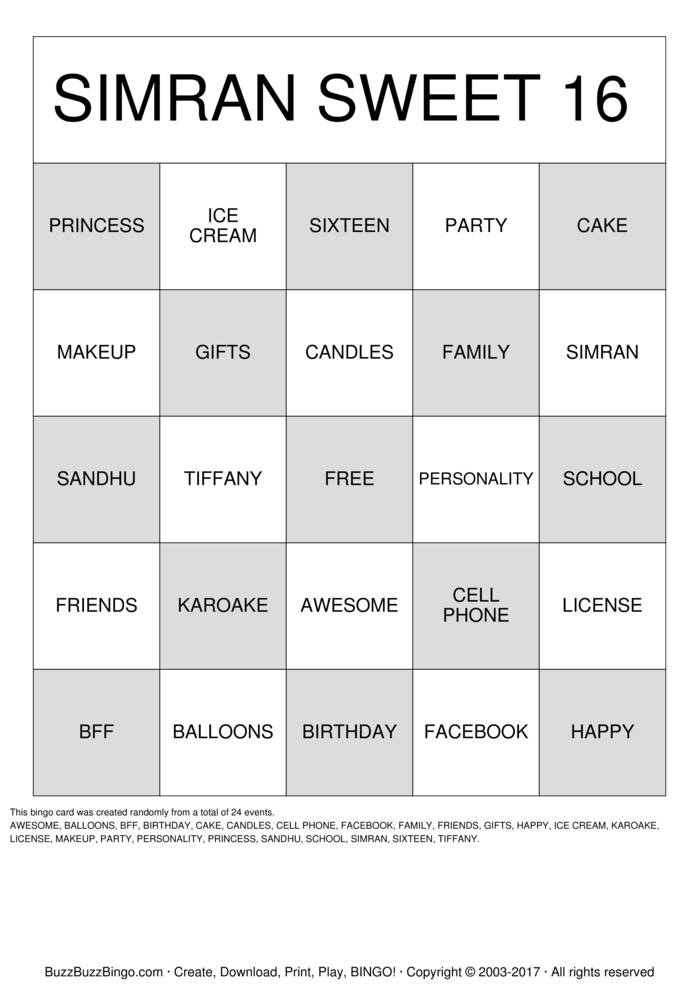 Taylor Sweet 16 Bingo Bingo Cards to Download, Print and Customize!