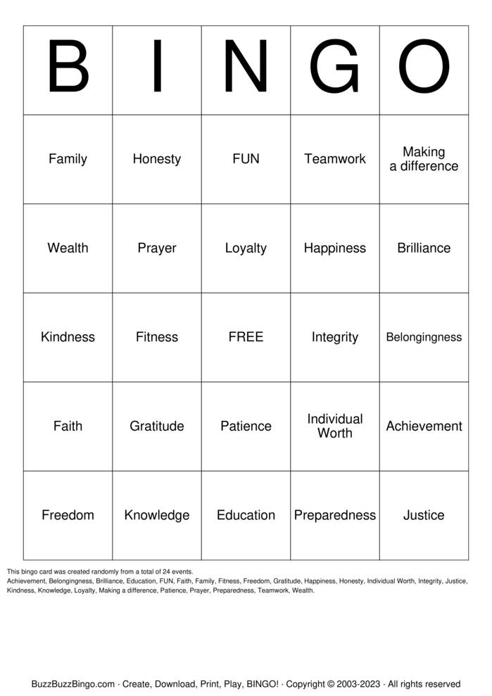 VALUES Bingo Cards to Download, Print and Customize!