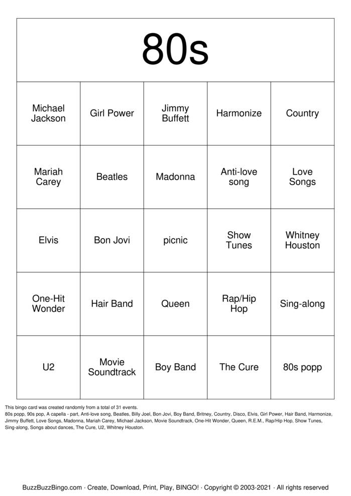 80s Bingo Cards to Download, Print and Customize!
