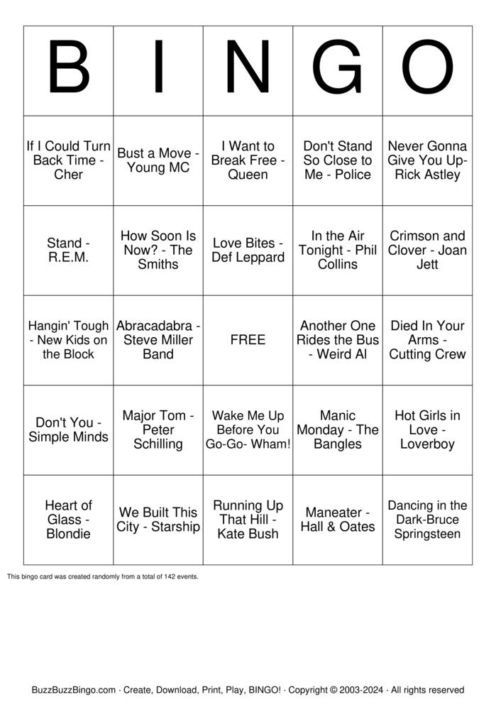 80's Music Bingo Bingo Cards to Download, Print and Customize!