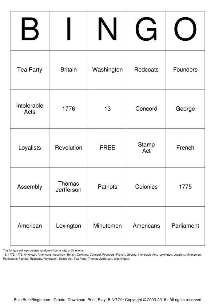 American Revolution Bingo Cards to Download, Print and Customize!