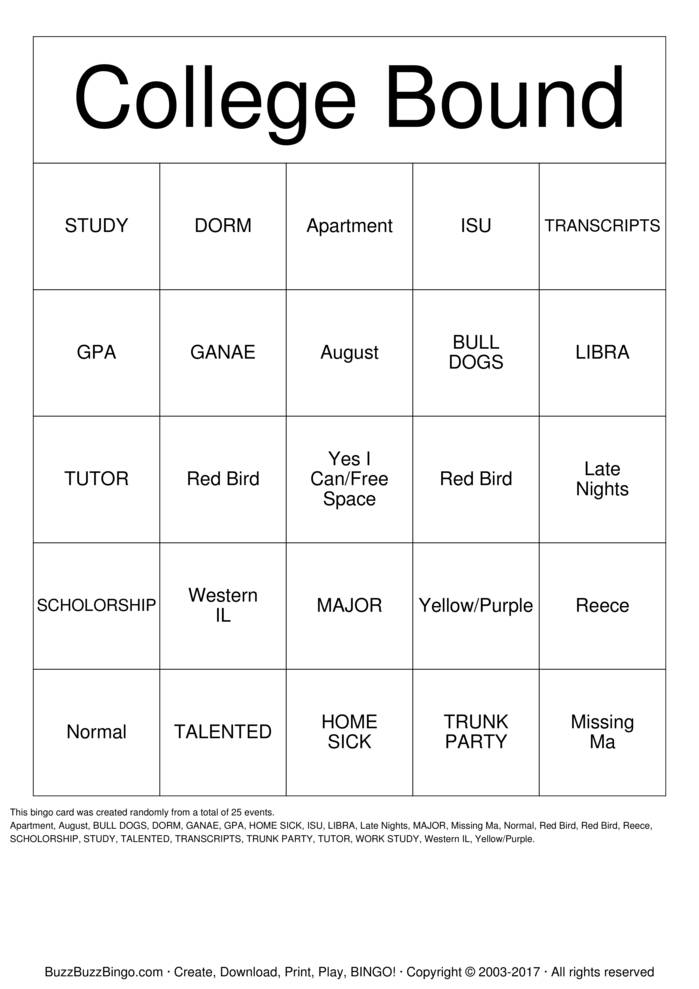 College Bingo Cards to Download, Print and Customize!