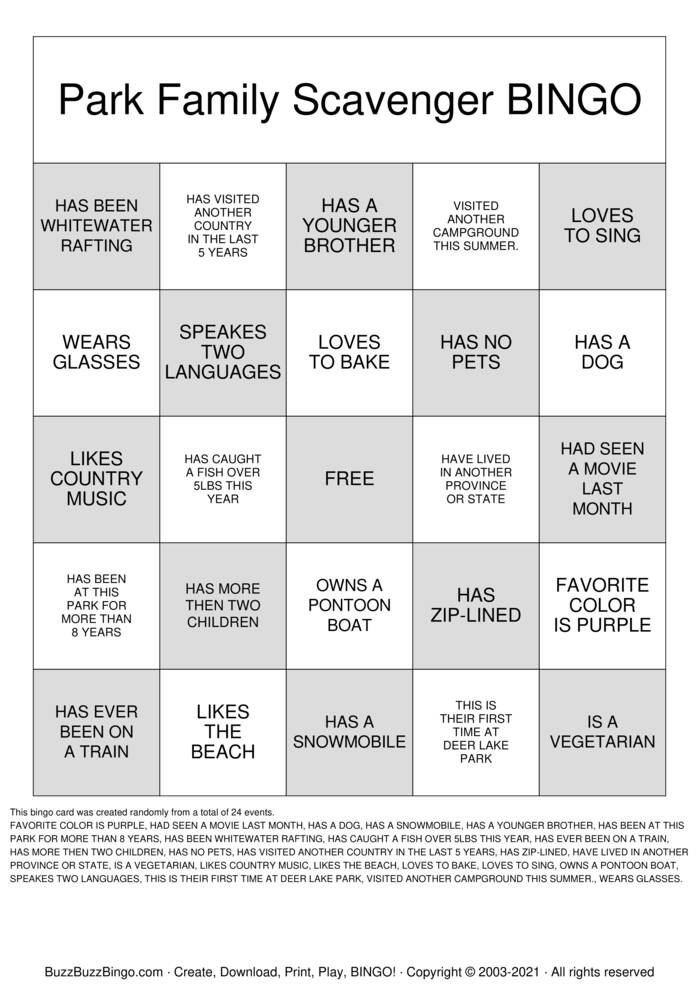 Deer Lake Family Scavenger BINGO Bingo Cards to Download, Print and ...