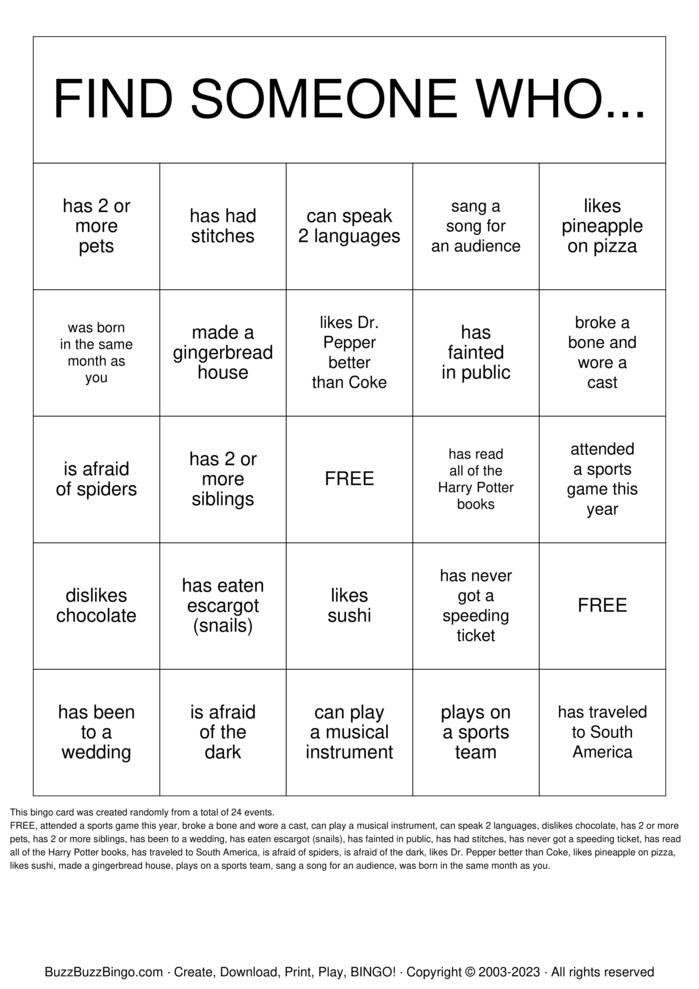 Find Someone Who... Bingo Cards to Download, Print and Customize!