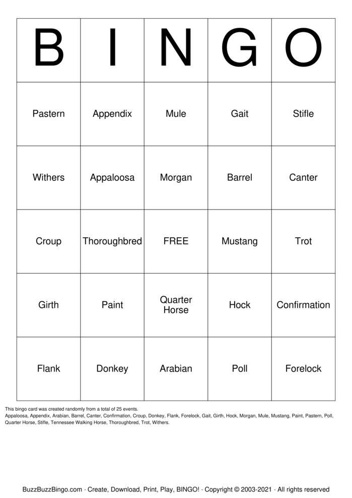 HORSE Bingo Cards to Download, Print and Customize!