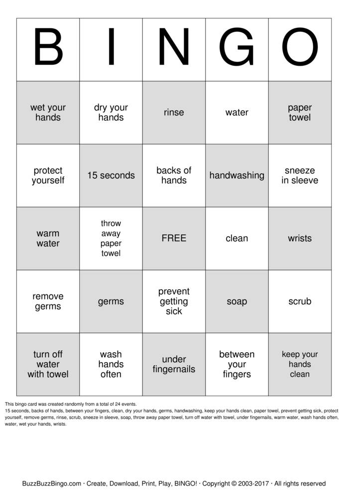 Handwashing Bingo Cards to Download, Print and Customize!