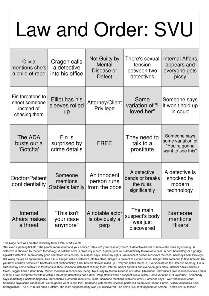 Law & Order: SVU Bingo Cards to Download, Print and Customize!