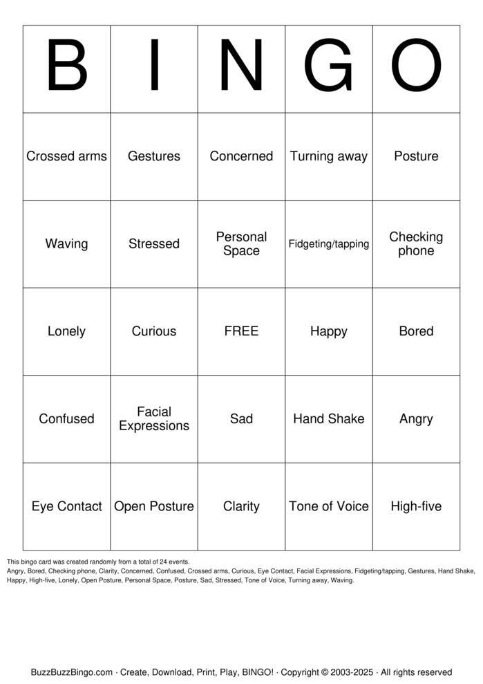 Nonverbal Communication Bingo Cards to Download, Print and Customize!