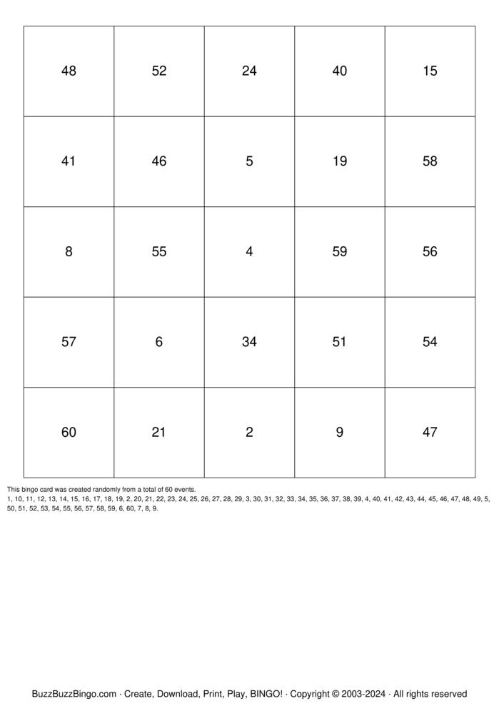 Numbers 1-60 Bingo Cards to Download, Print and Customize!