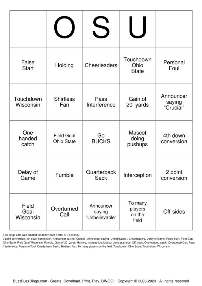 OSU vs Wisconsin Bingo Cards to Download, Print and Customize!
