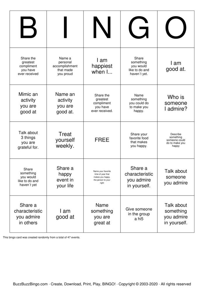 Self esteem Bingo Cards to Download, Print and Customize!