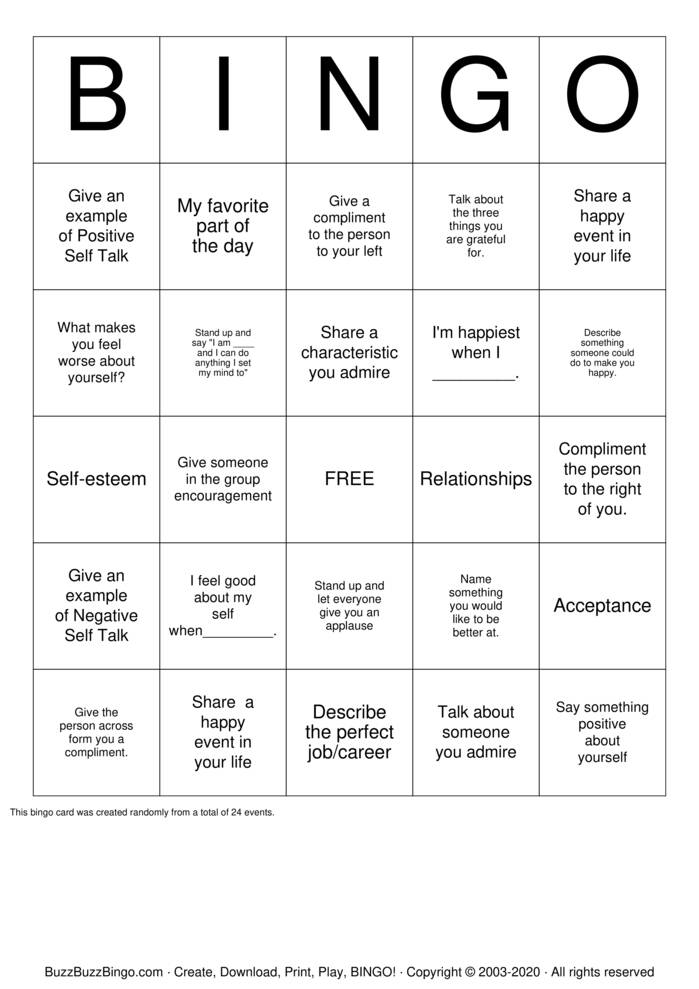 Self esteem Bingo Cards to Download, Print and Customize!