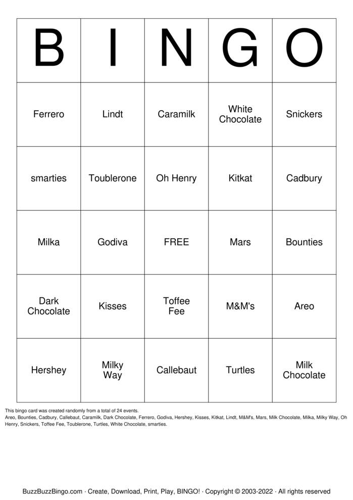 chocolate Bingo Cards to Download, Print and Customize!