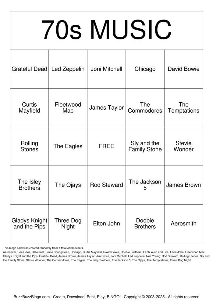 70's Motown Music Bingo Cards to Download, Print and Customize!