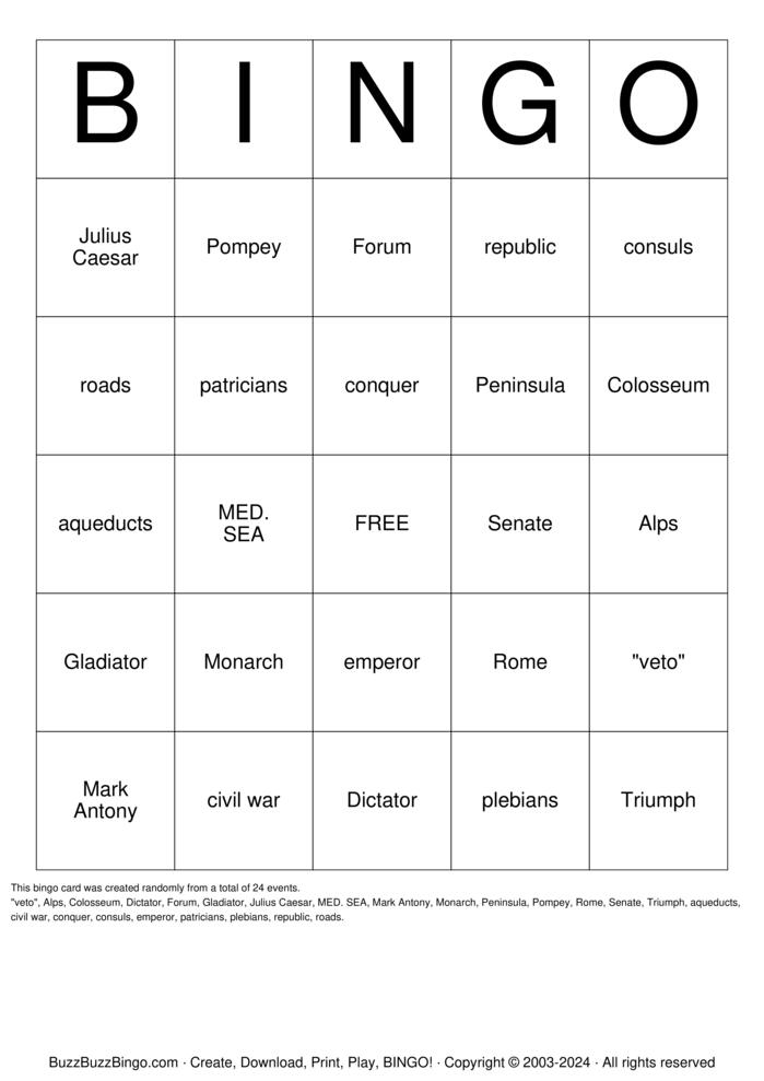 Ancient Rome Bingo Cards to Download, Print and Customize!