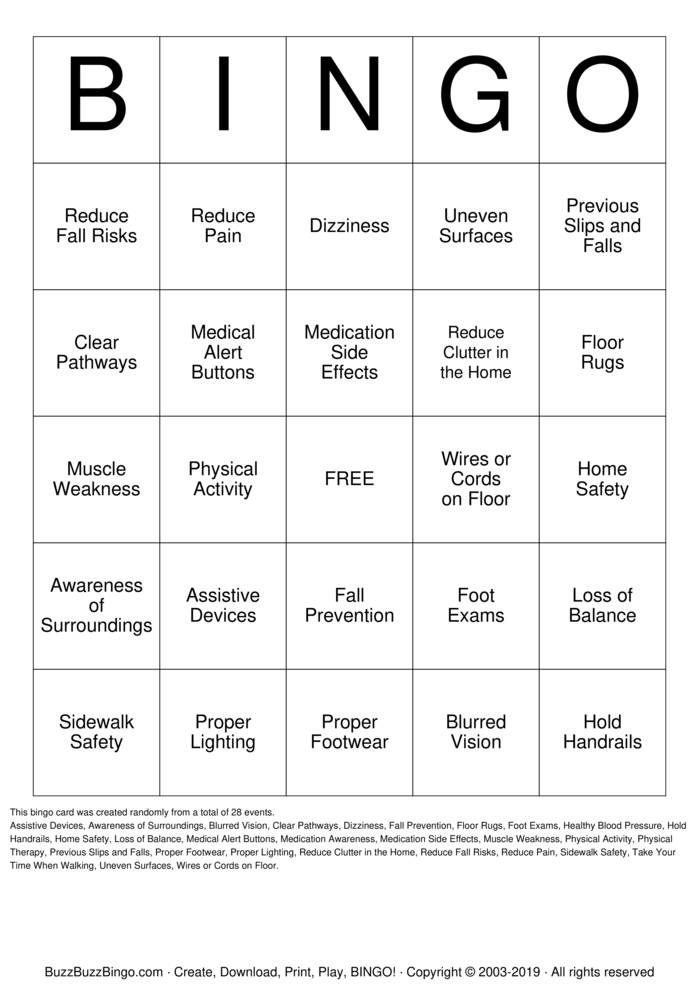 Fall Prevention Bingo Cards to Download, Print and Customize!