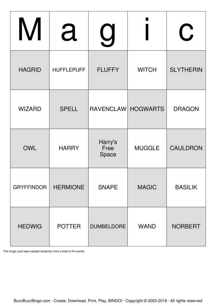 Harry Potter Bingo Bingo Cards to Download, Print and Customize!