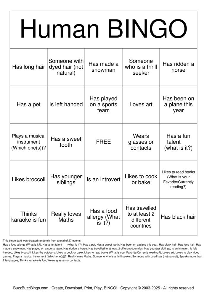 Human BINGO Bingo Cards to Download, Print and Customize!