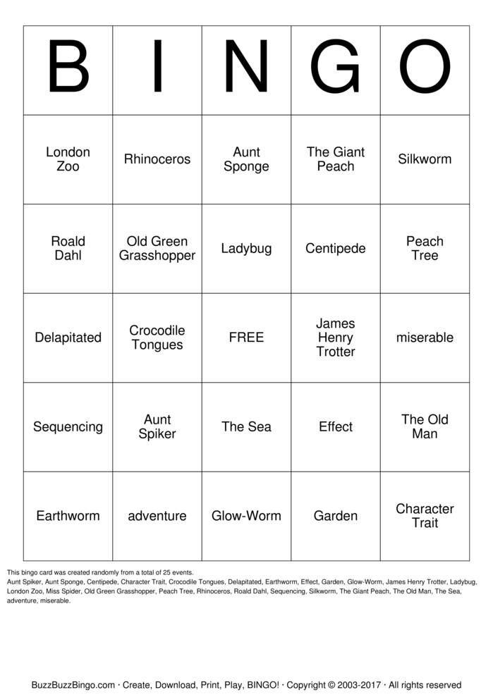 James and the Giant Peach Bingo Cards to Download, Print and Customize!