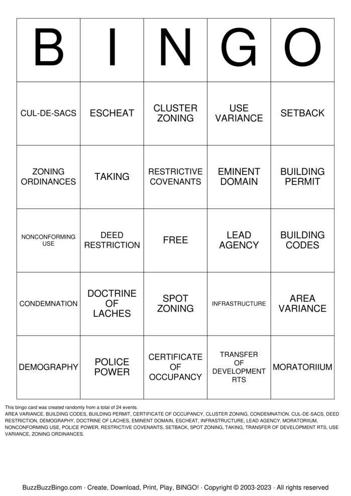LAND USE REGULATIONS Bingo Cards to Download, Print and Customize!