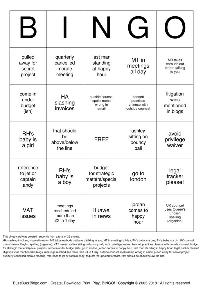 Legal Department BINGO Bingo Cards to Download, Print and Customize!